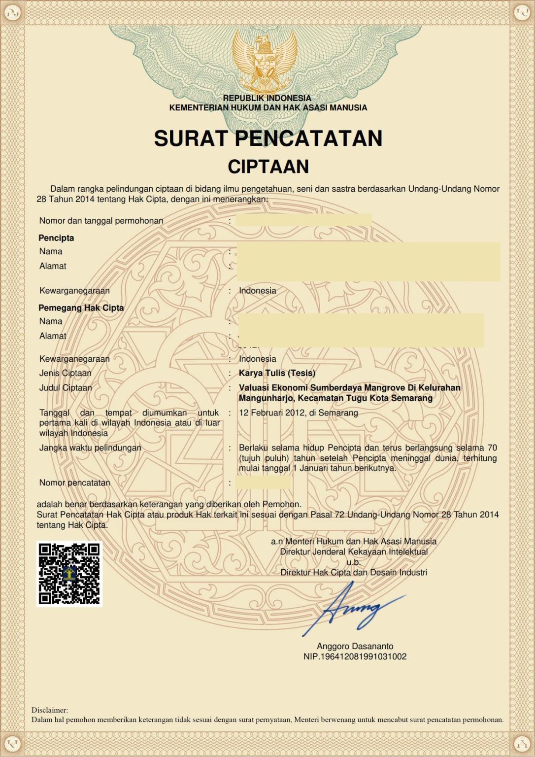 Contoh Sertifikat Hak Cipta dan Cara Mengecek Nomornya