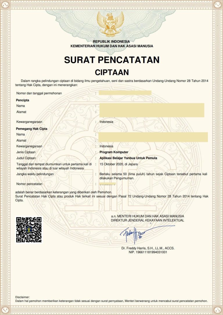 Contoh Sertifikat Hak Cipta dan Cara Mengecek Nomornya